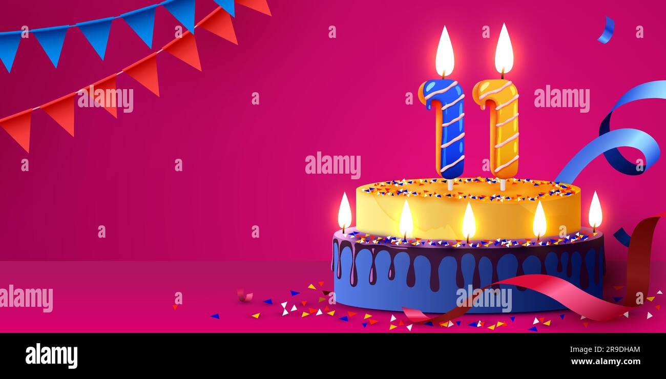 11 years anniversary. Cake with burning candles and confetti. Birthday ...