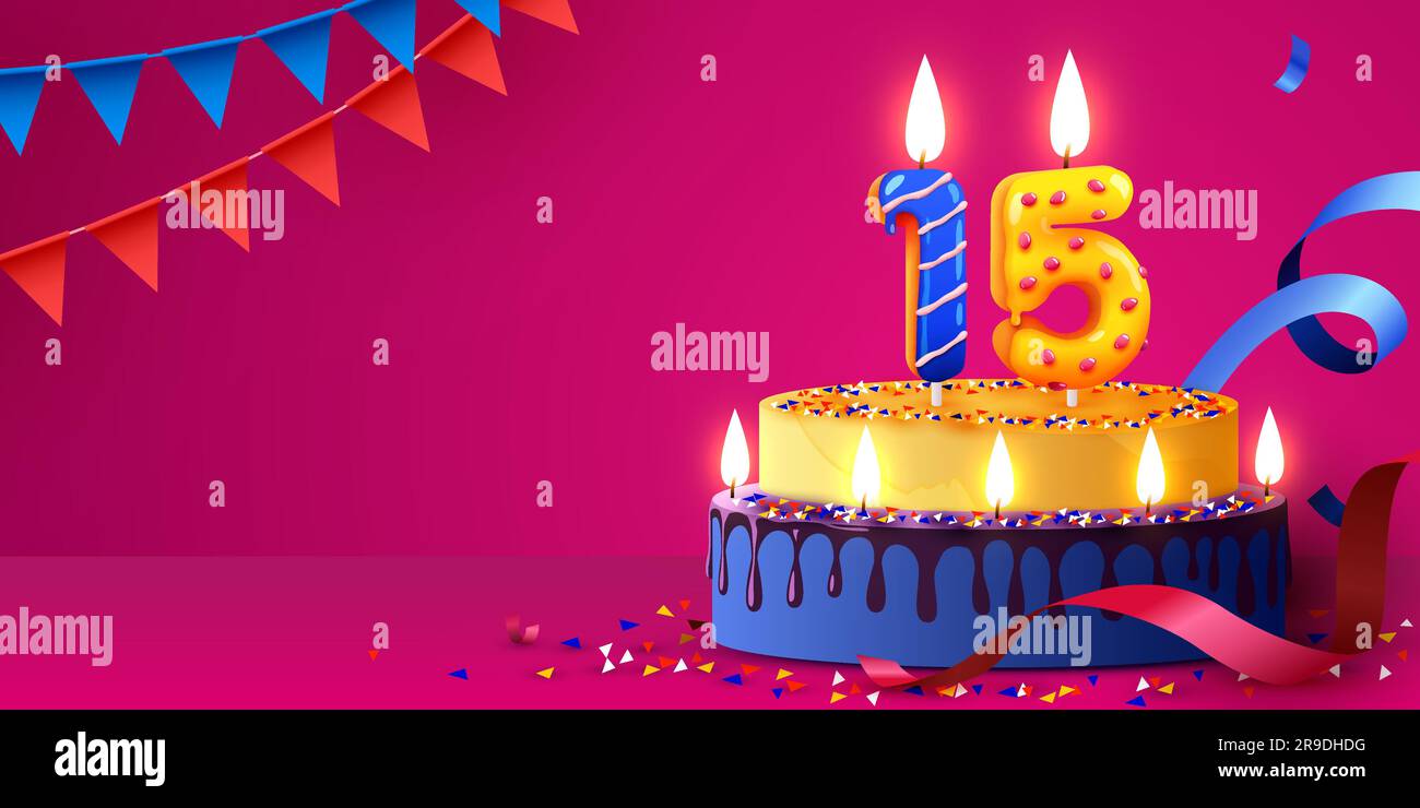 15 years anniversary. Cake with burning candles and confetti. Birthday ...