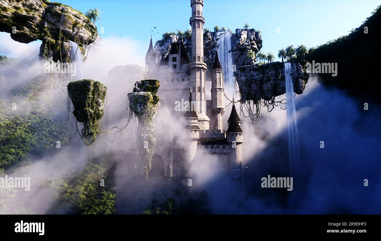 fantasy fairytale flying rocks with castle. 3d rendering Stock Photo ...