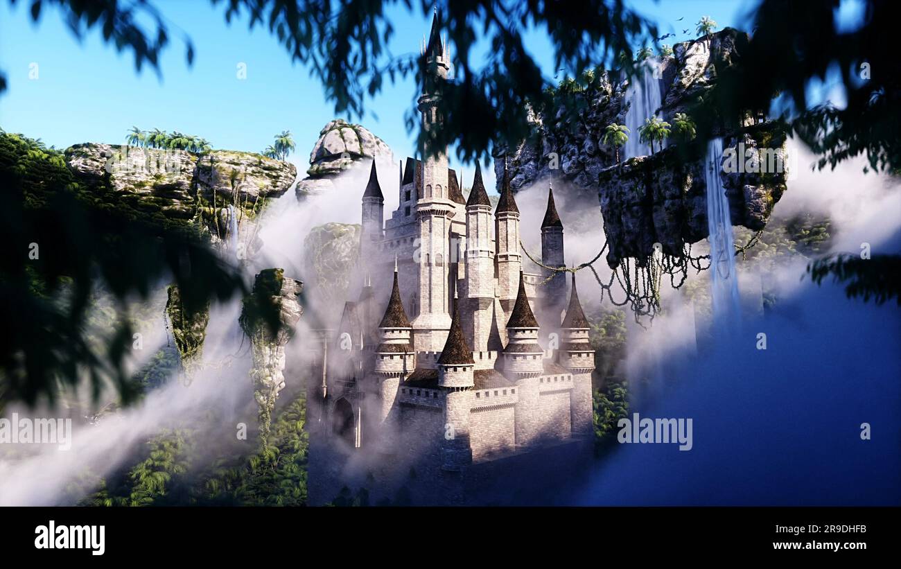 fantasy fairytale flying rocks with castle. 3d rendering Stock Photo ...