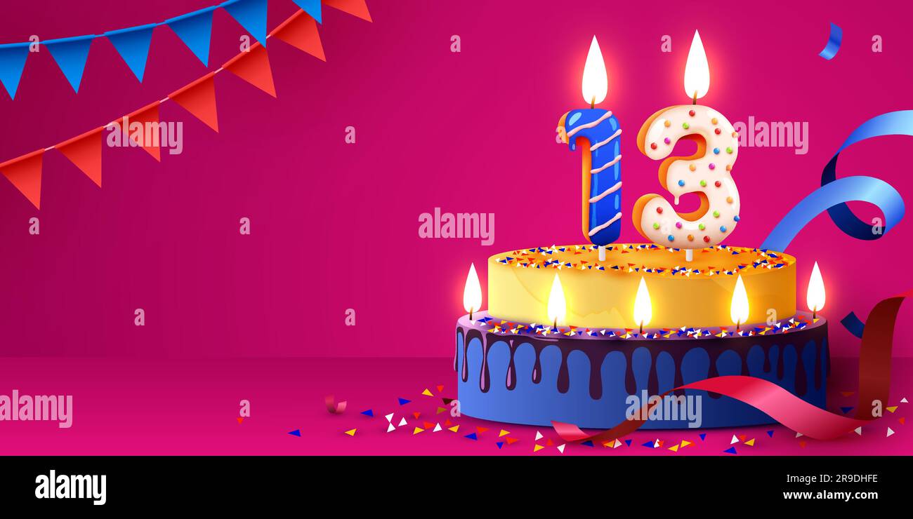 13 years anniversary. Cake with burning candles and confetti. Birthday ...