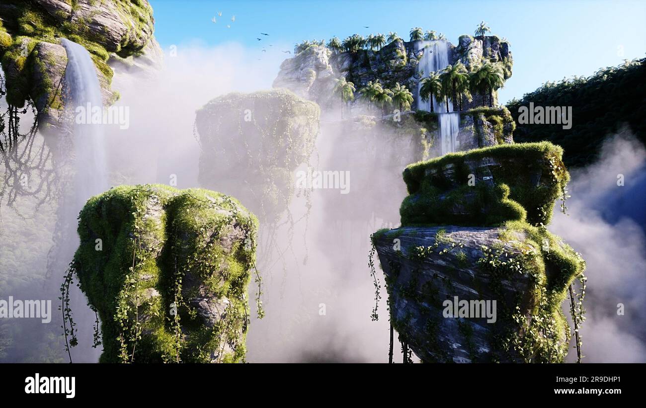 fantasy fairytale flying rocks. 3d rendering Stock Photo - Alamy