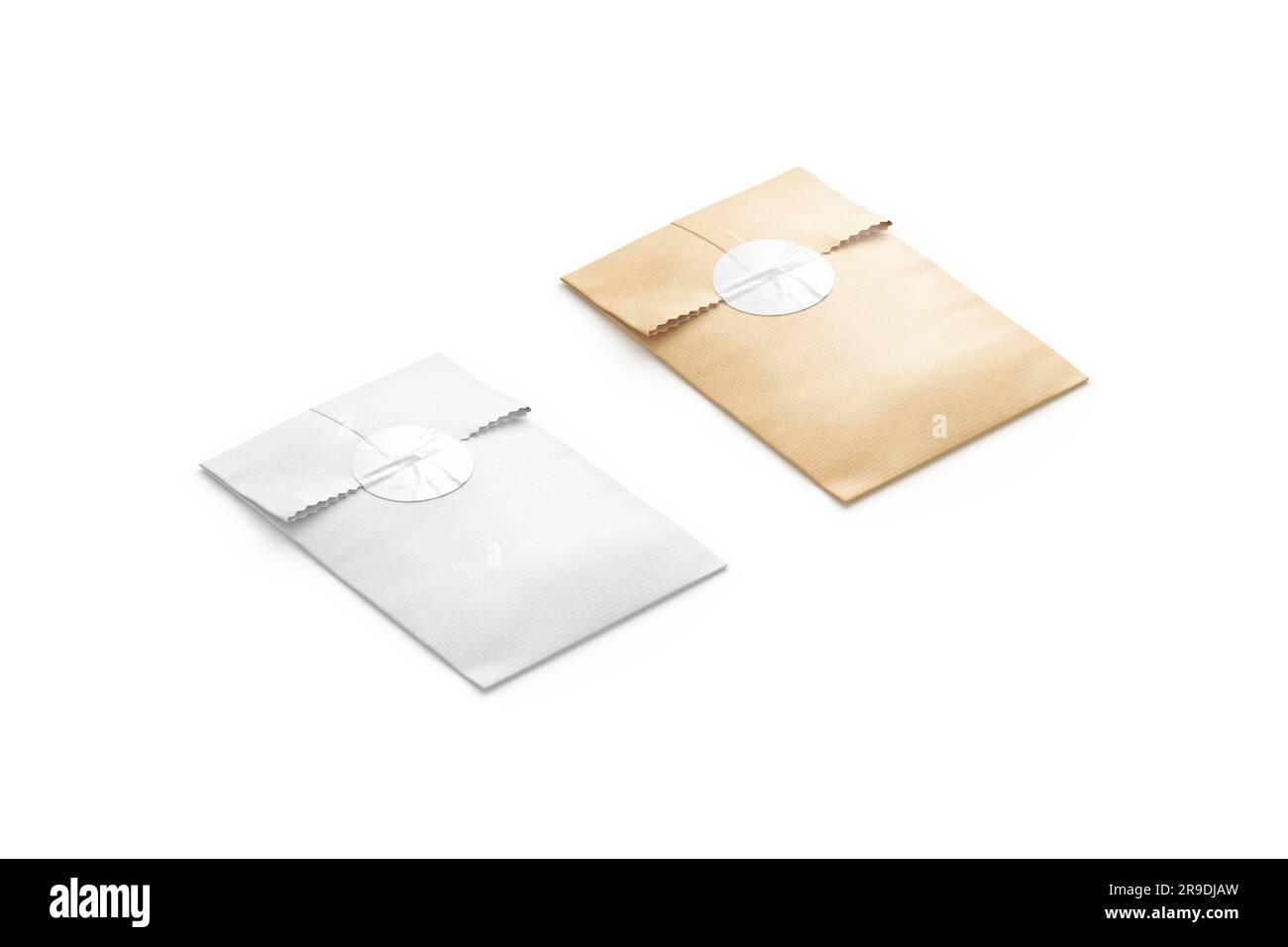 Blank white and craft rectangle paper bag with sticker mockup, 3d ...