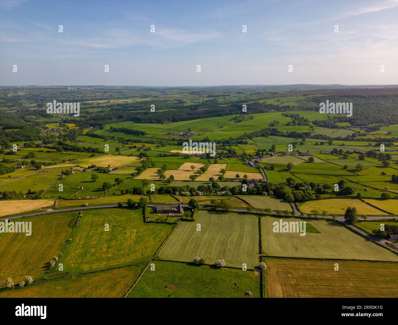 Aerial drone view of the countryside in North-Yorkshire England. There ...