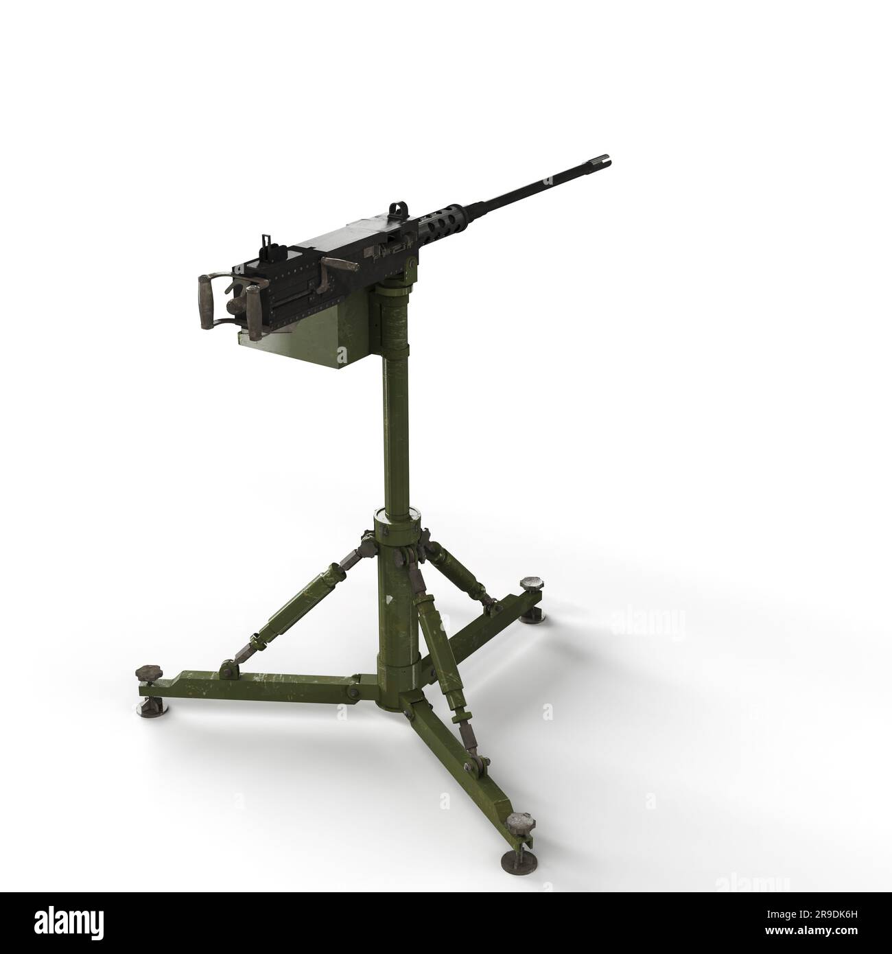 A 3D render of a realistic green machine gun mounted on a stand against ...