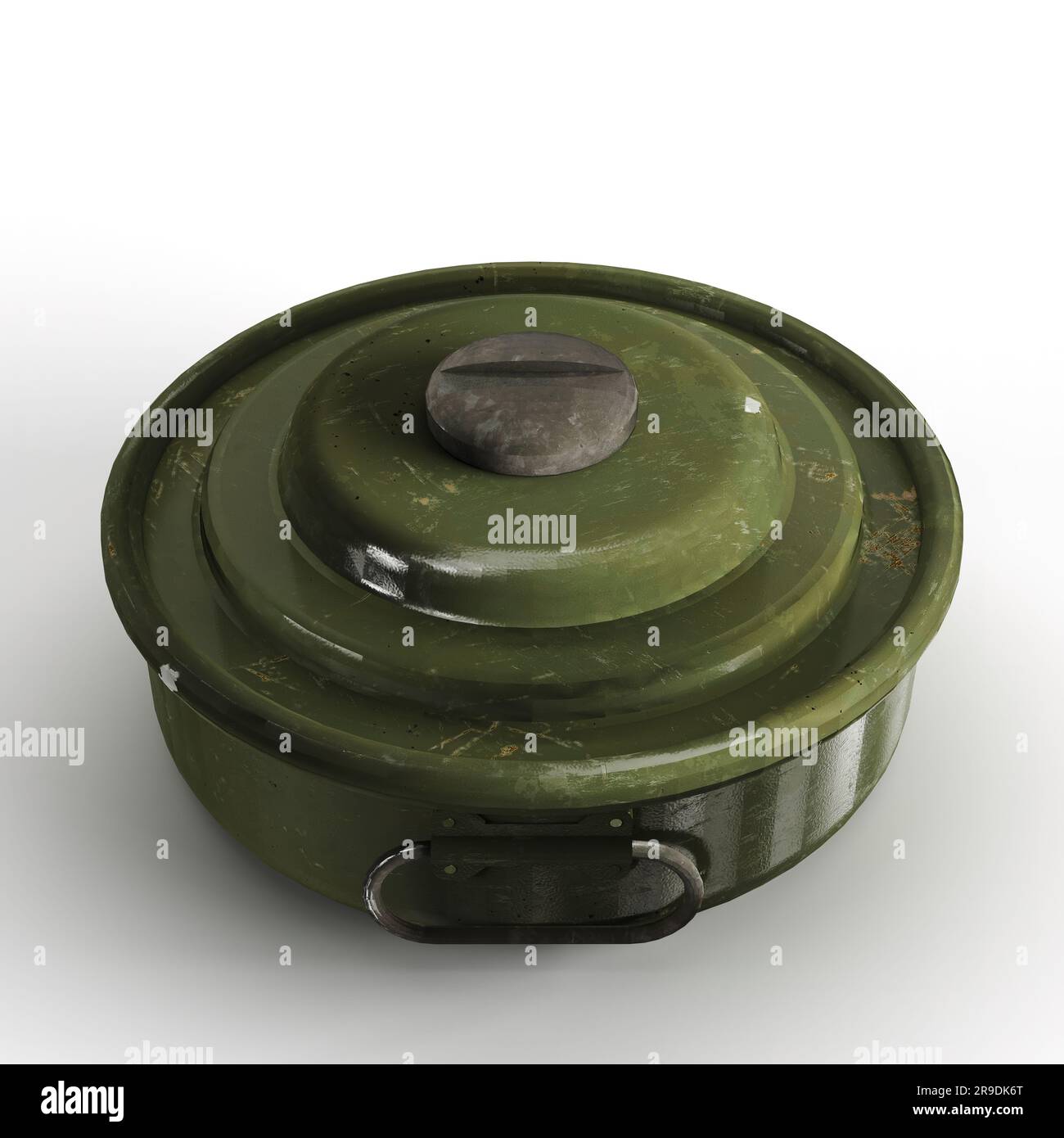 A 3D render of a realistic green military mine on the white background ...