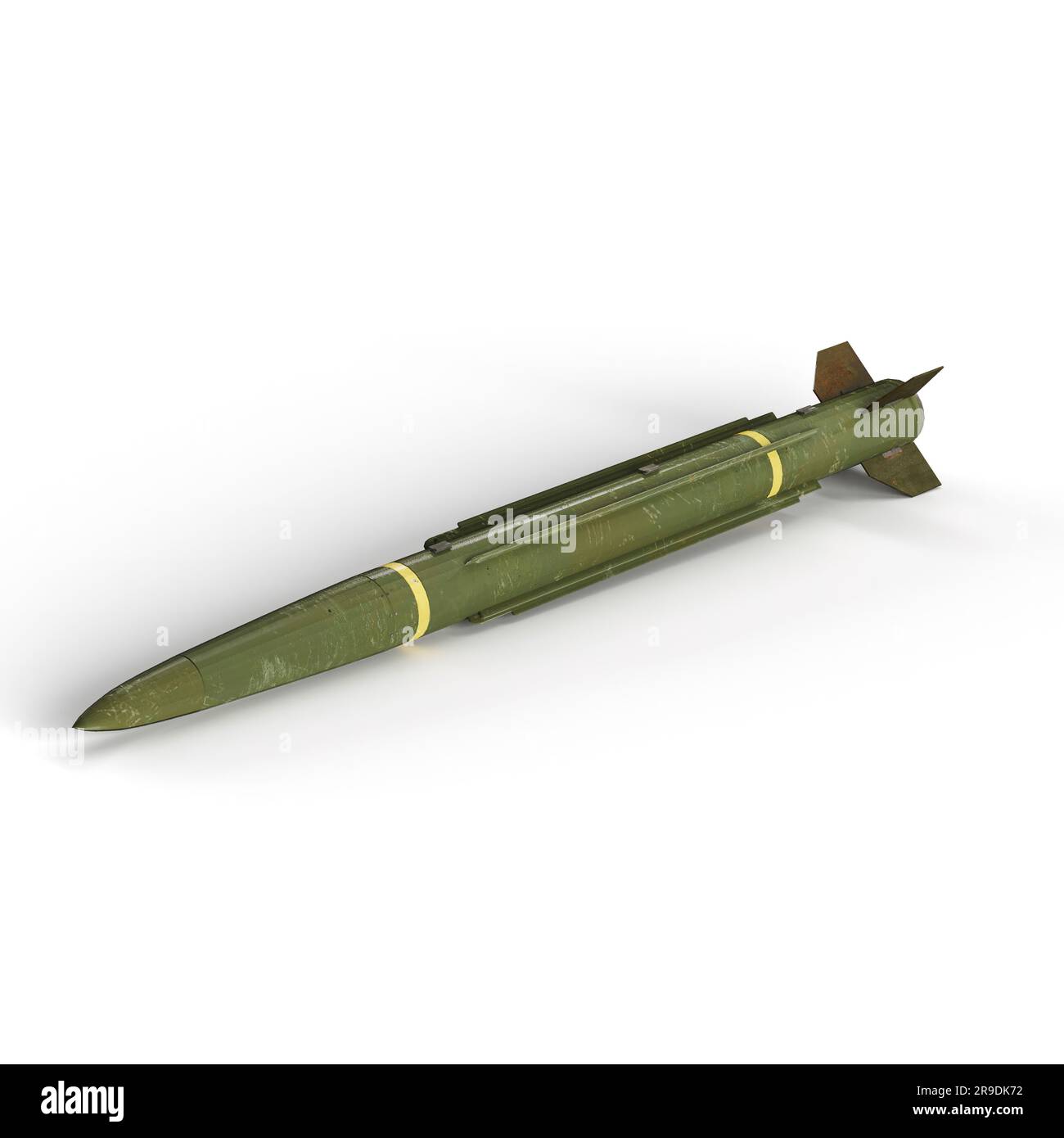 A 3D render of a realistic green military rocket isolated on the white ...