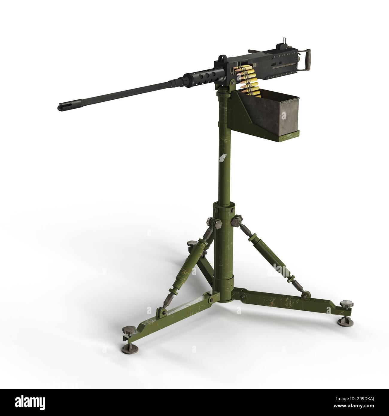 A 3D render of a realistic green machine gun mounted on a stand against ...