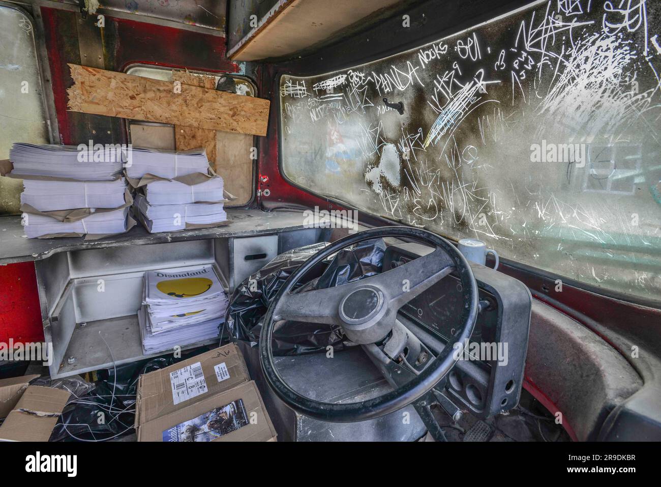 Dismaland inside the burnt out ice cream van Stock Photo - Alamy