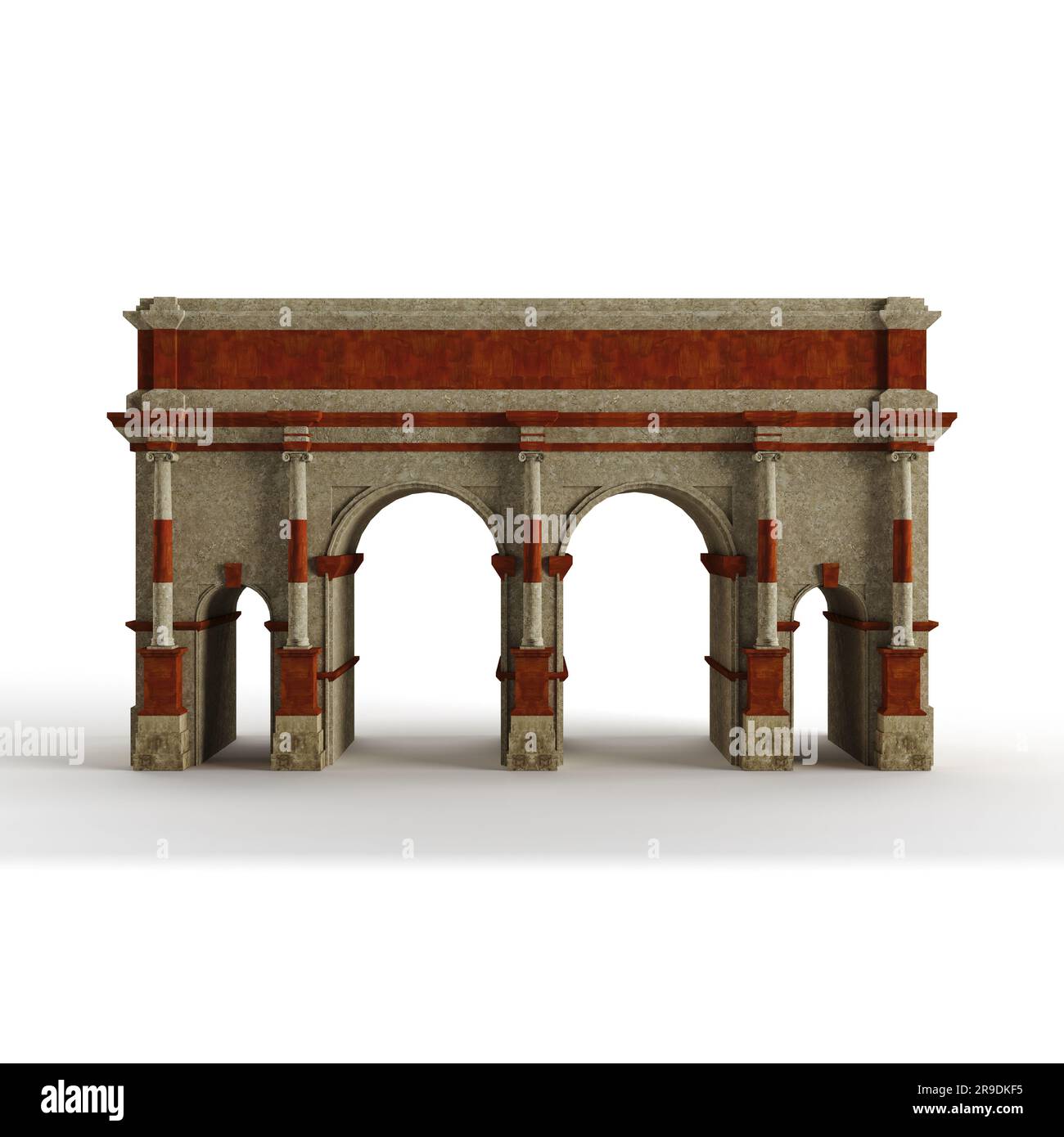 A 3D render of an ancient archway with ornate red arches and columns on ...