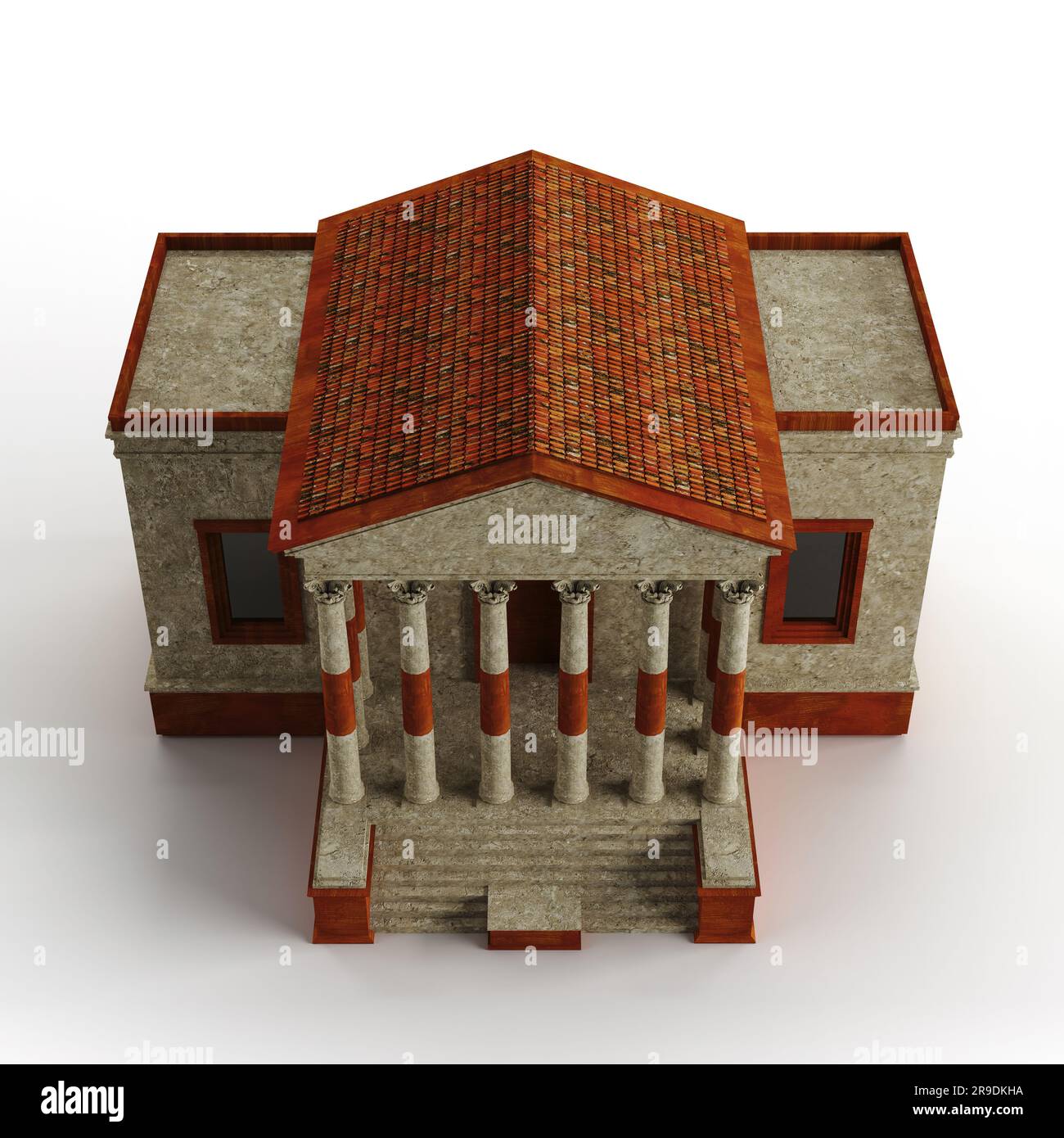 A 3D render of an ancient building with columns and terracotta roof ...