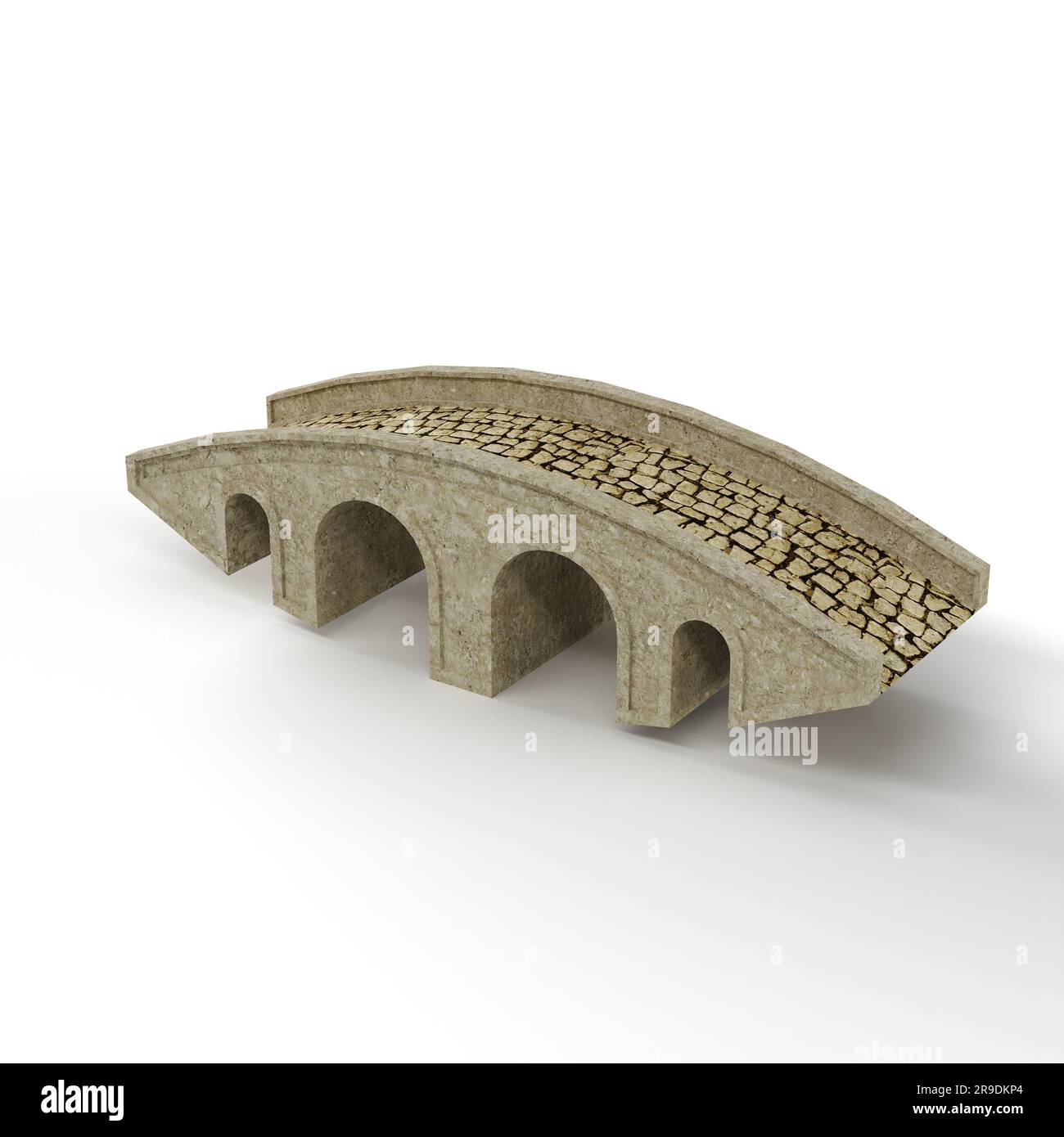 A 3D rendered illustration featuring an aged stone bridge with multiple ...