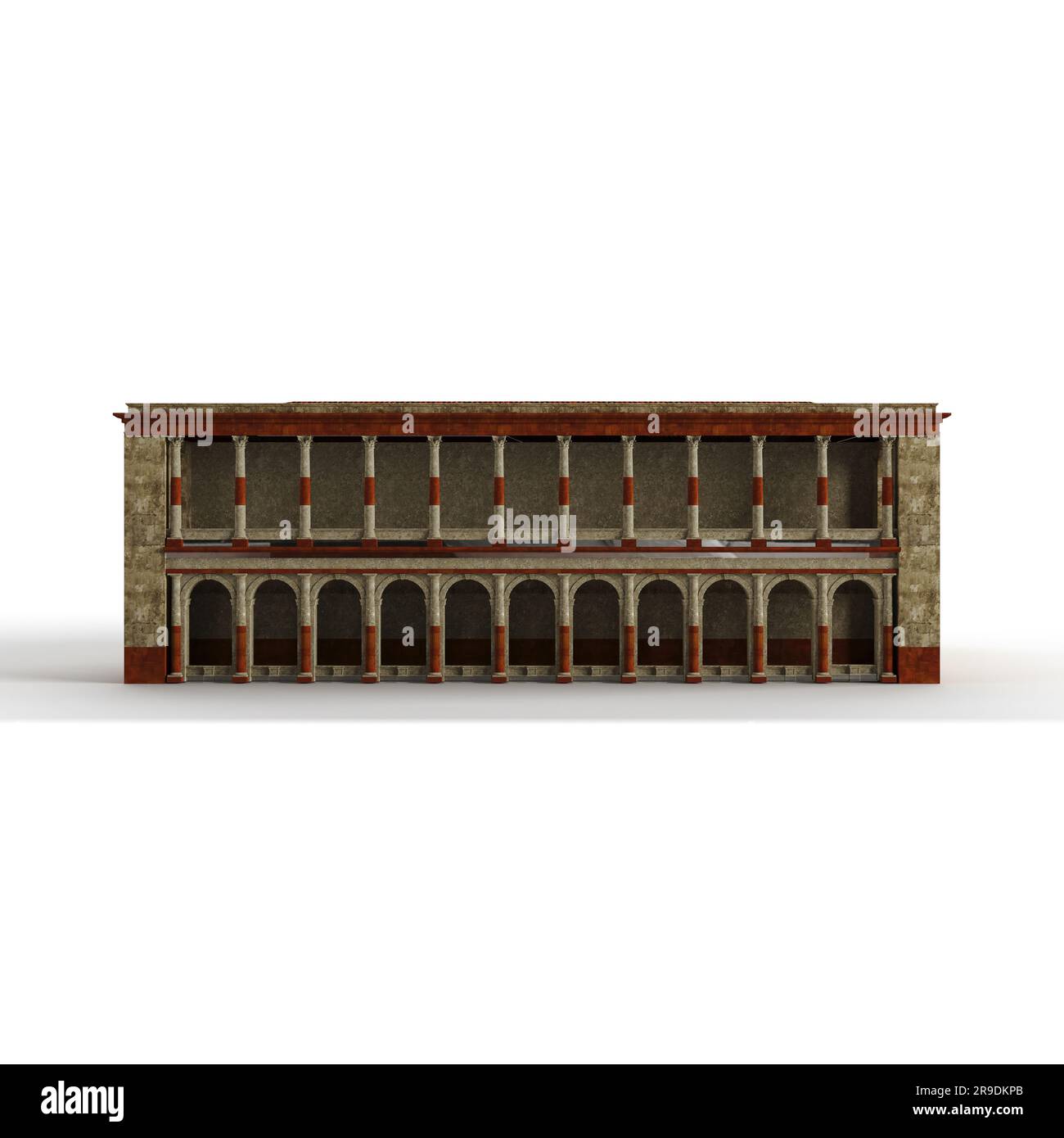 A 3D render of a small stone-built structure featuring red brickwork ...