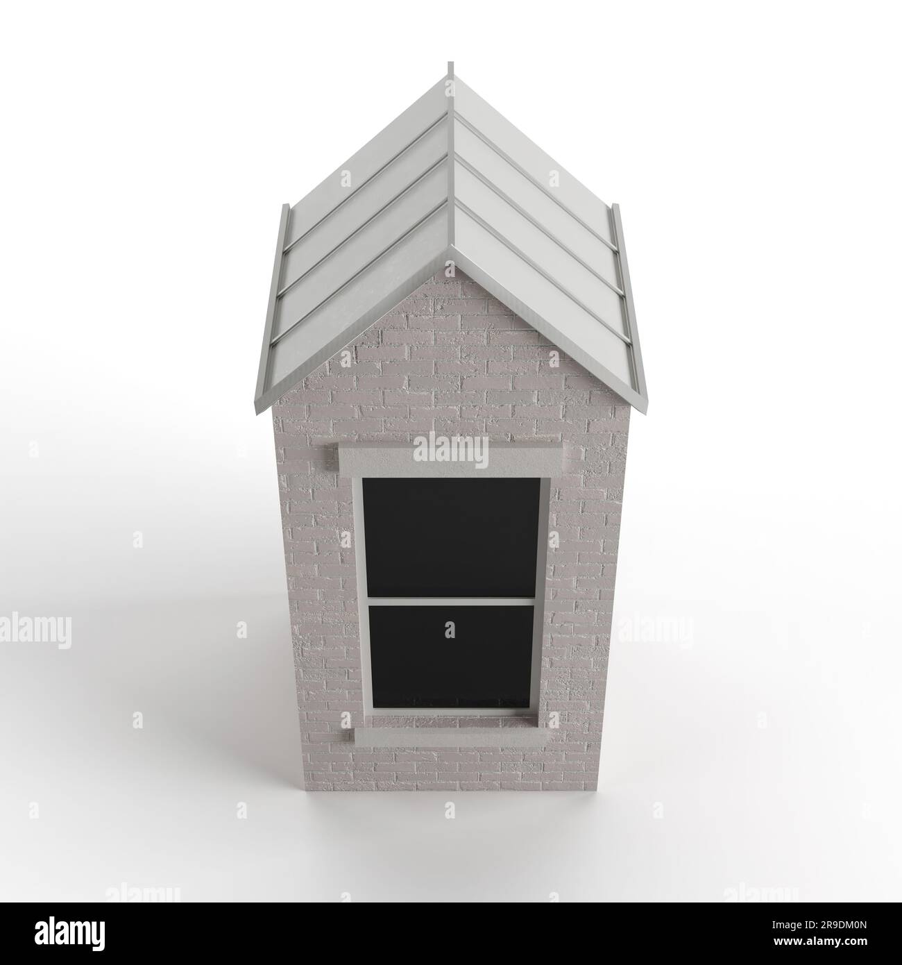 3D rendered image of a gray brick building with a single window ...