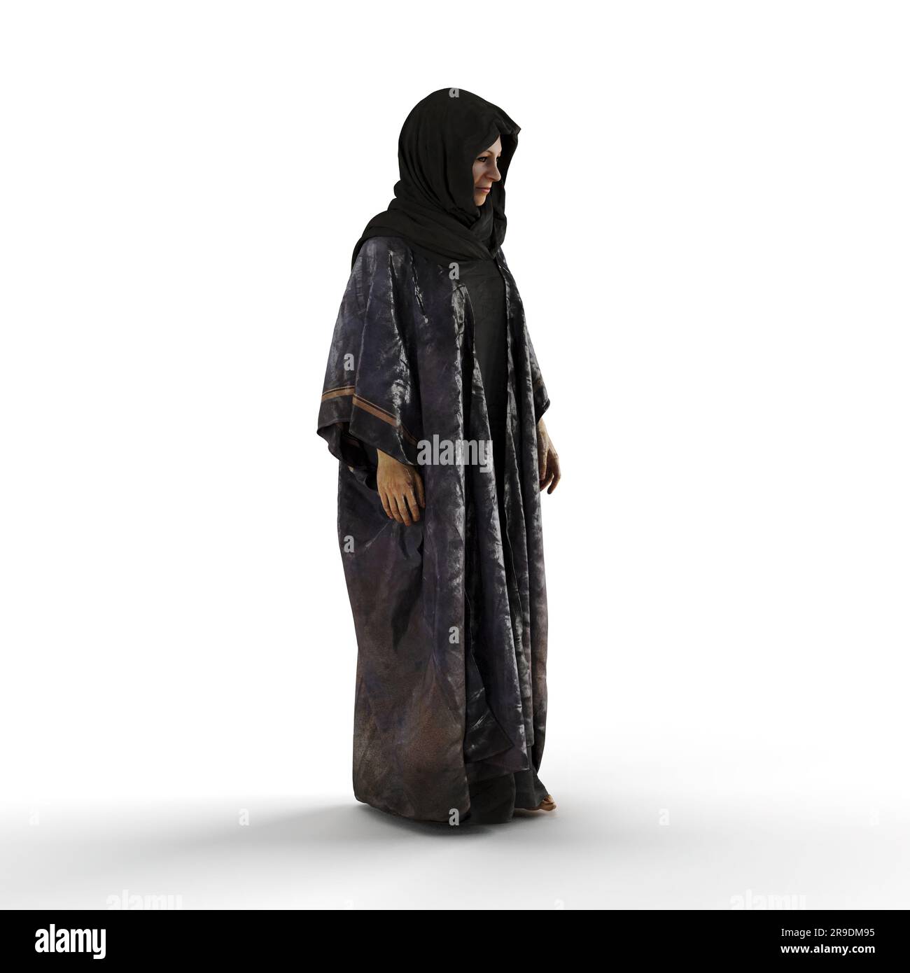 A 3D rendering of a person wearing a traditional robe and a black ...