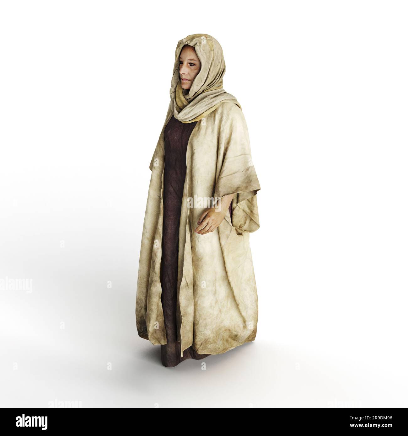 A 3D render of a female wearing an earth-toned headscarf and robe ...