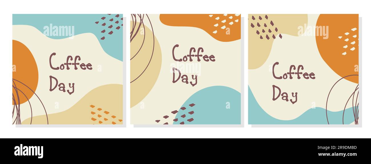 Posters Coffee day, blue and orange background boho style, banners set ...
