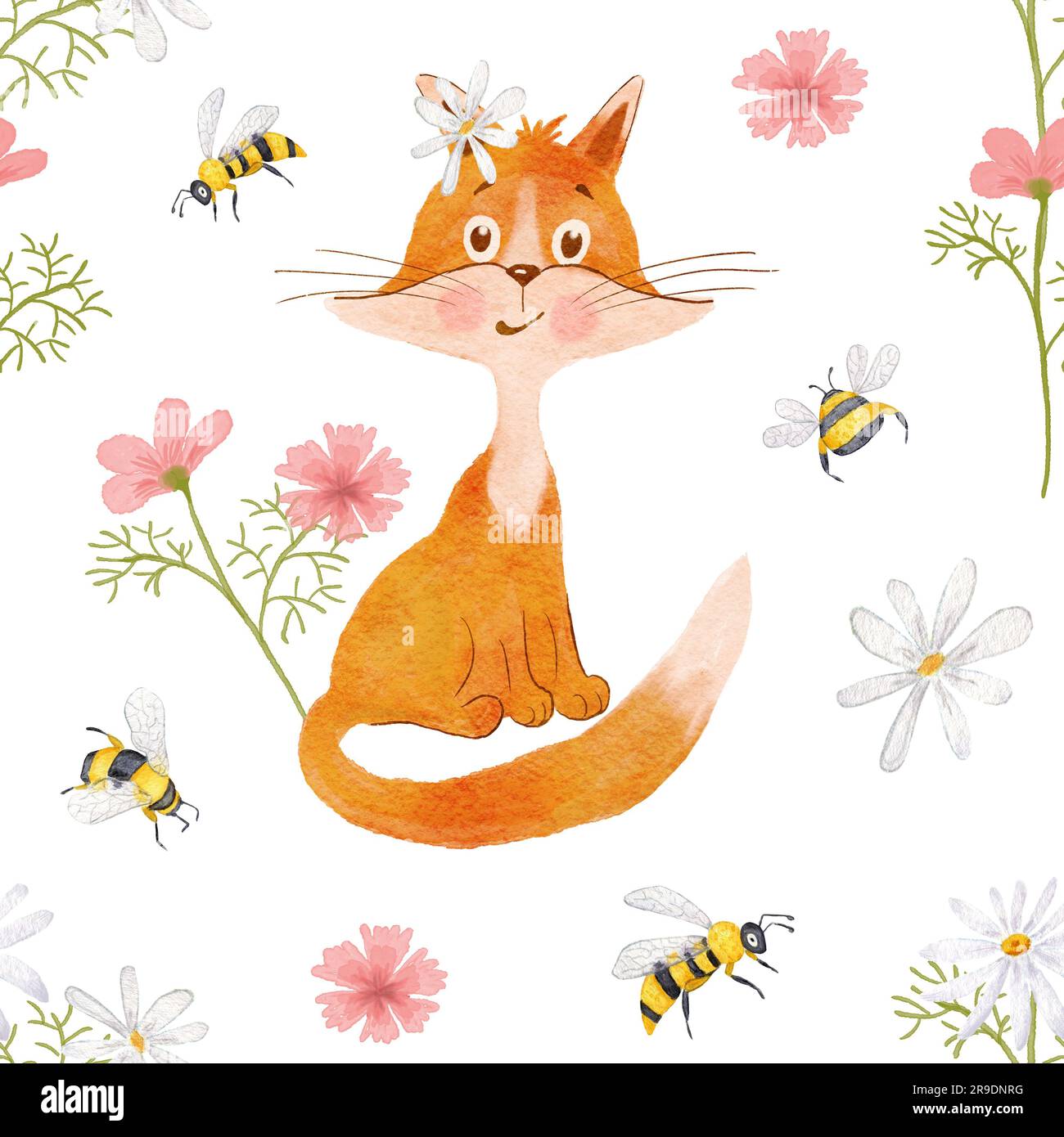 Red fox and bee. Seamless pattern with Sly, cheerful fox in flowers and ...