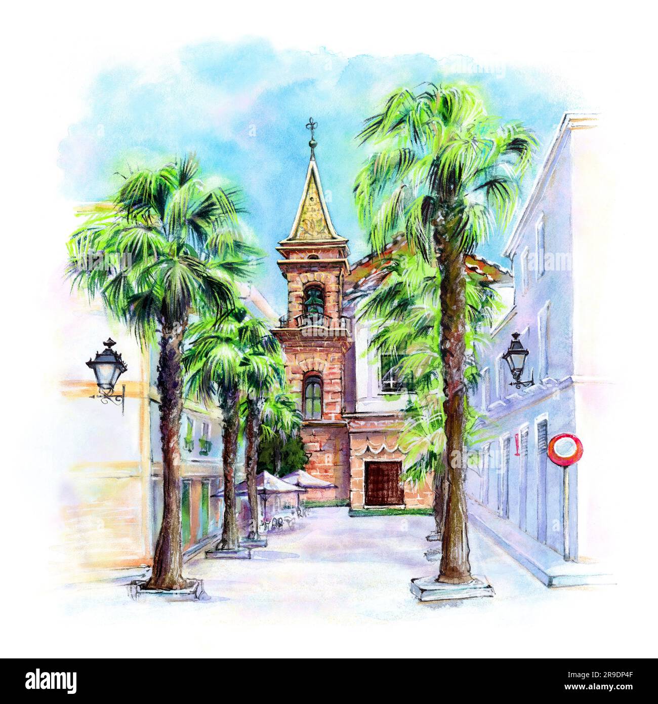 Watercolor sketch of Cadiz street, Andalusia, Spain Stock Photo - Alamy