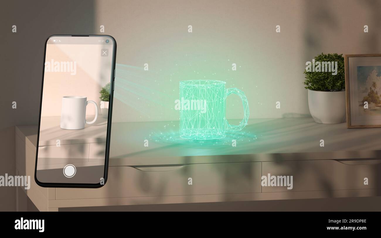Projection mug hologram on table phone display augmented reality Stock Photo - Alamy