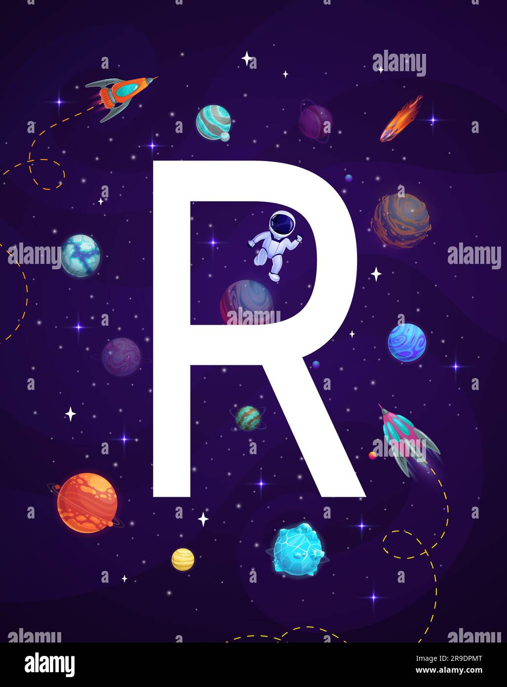 Cartoon space letter R. Vector uppercase sign in galaxy with astronaut ...