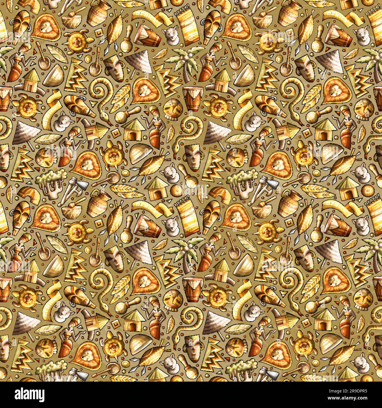 Cartoon cute African seamless pattern. Colorful lots of objects ...