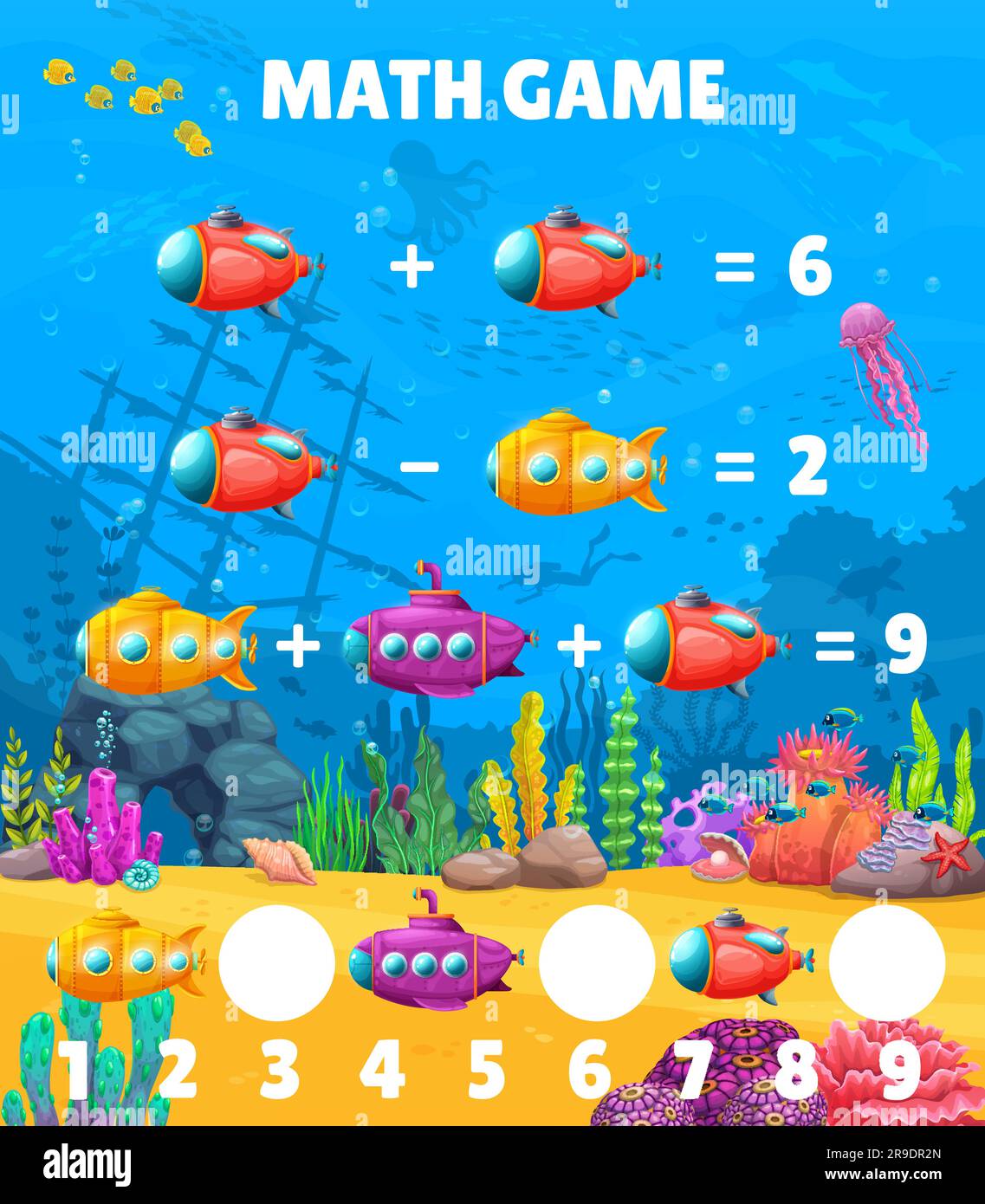 Math game worksheet. Submarine or bathyscaphe, underwater landscape ...