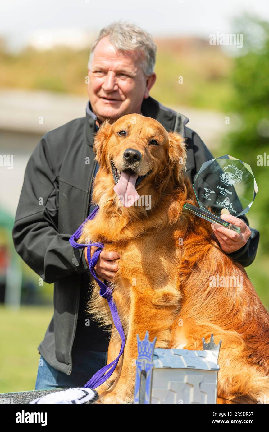 EDITORIAL USE ONLY Buster, the Golden retriever with David Torrance MSP ...
