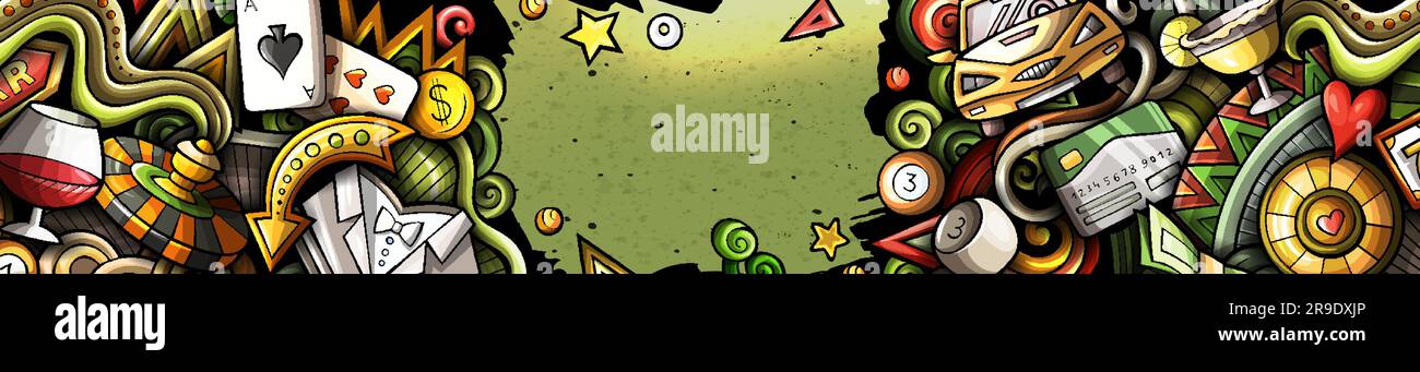 Casino hand drawn doodle banner. Cartoon vector detailed flyer ...