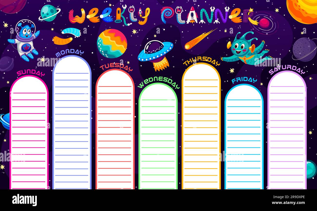 Weekly planner schedule. Cartoon alien and ufo in starry galaxy space ...
