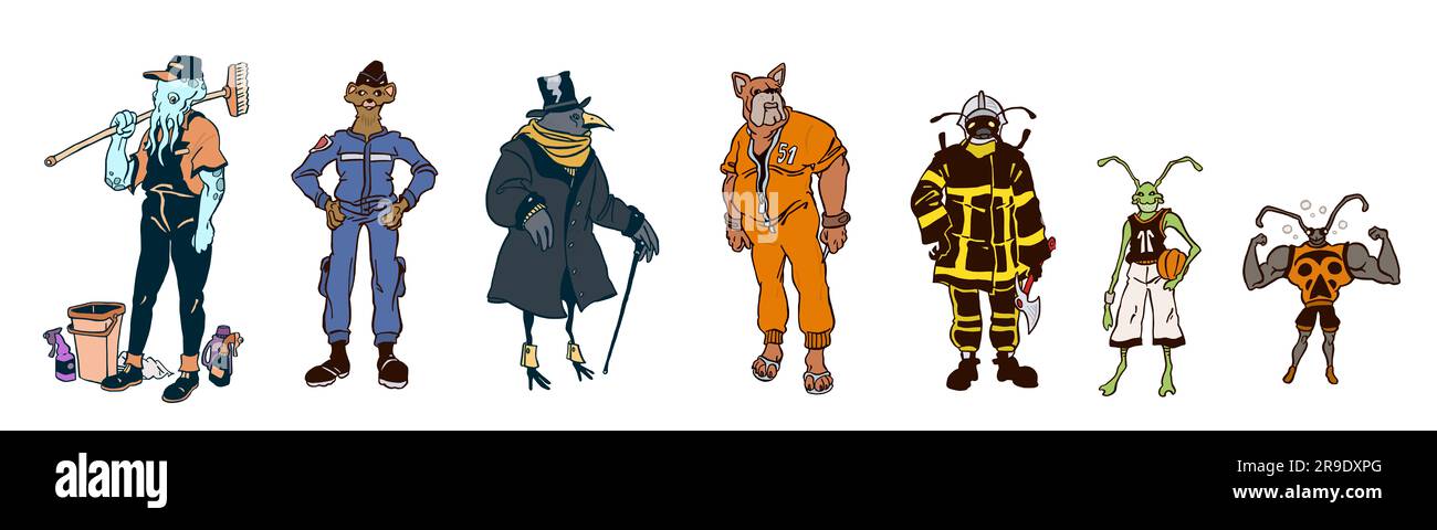 Set of Hand drawn Illustration of Anthropomorphic octopus, bull dog ...