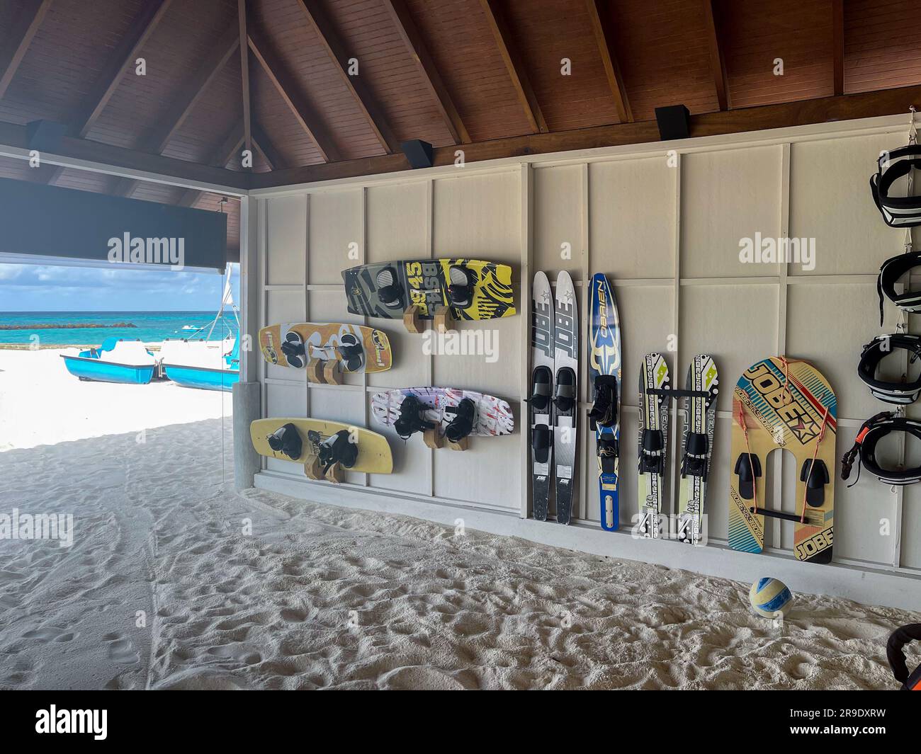 Fushifaru, Maldives - 2nd May, 2022 : Various watersports boards ...