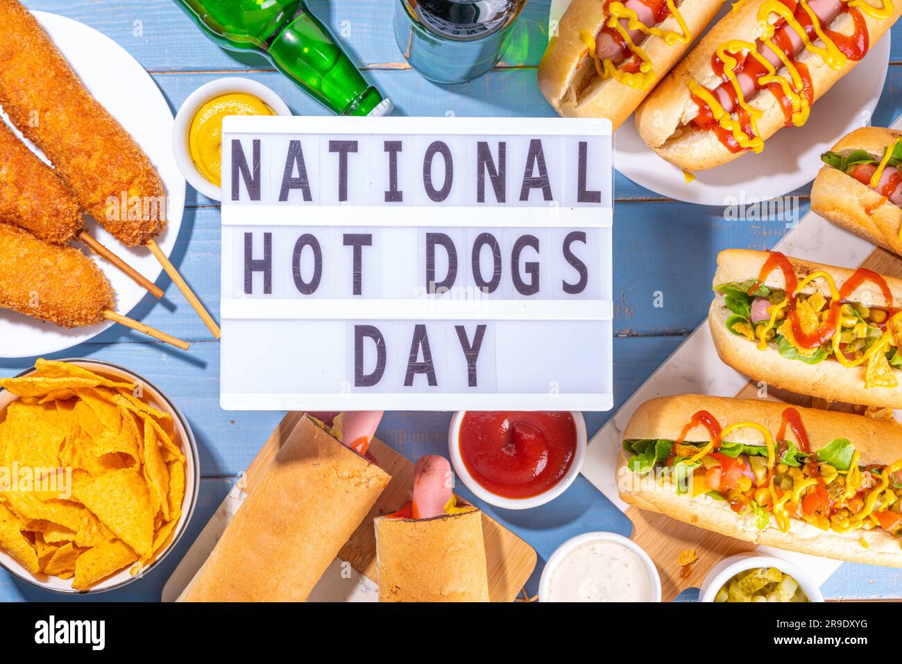 National Hot Dogs day background, hotdog summer party festival foods ...