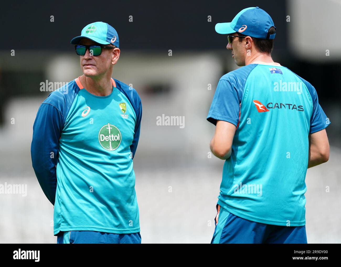Australia head coach Andrew McDonald and Pat Cummins during a nets ...