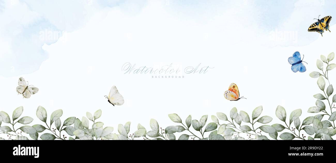 Abstract art watercolor foliage and butterflies painting for background ...