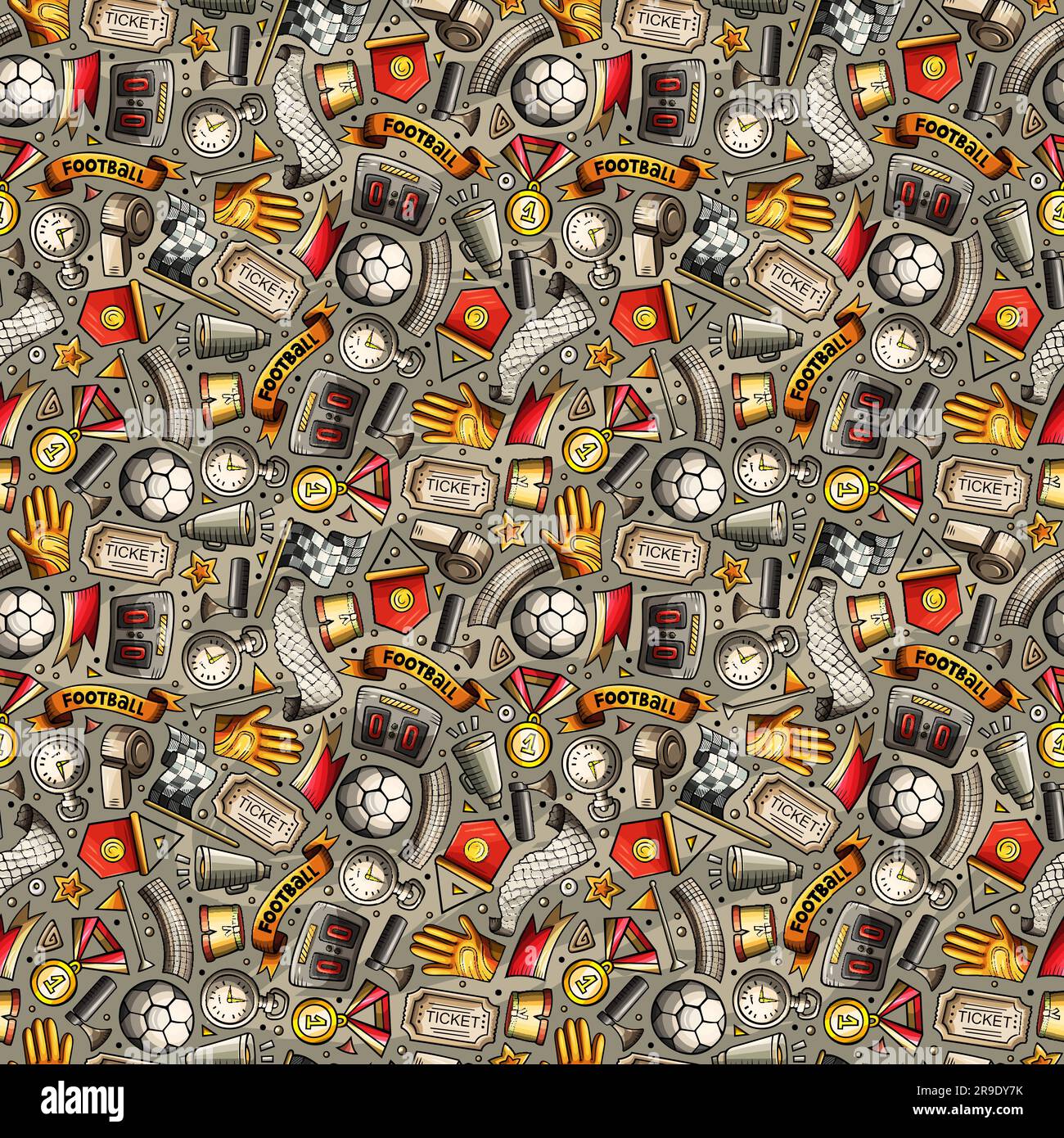 Cartoon Soccer seamless pattern. Lots of football symbols, objects and ...