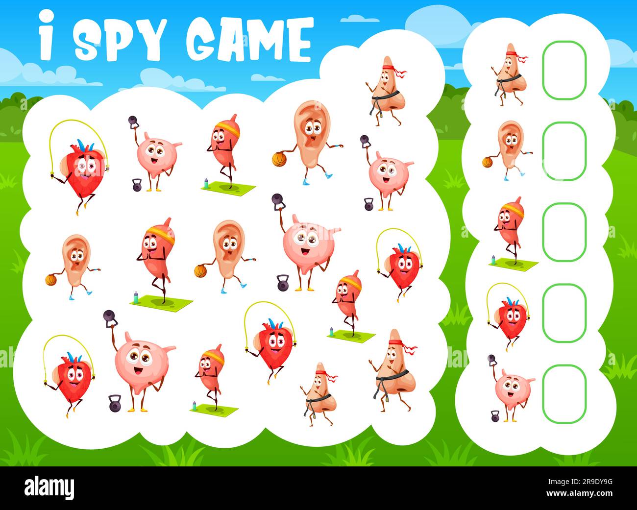 I spy game, cartoon funny human organs characters, vector quiz ...