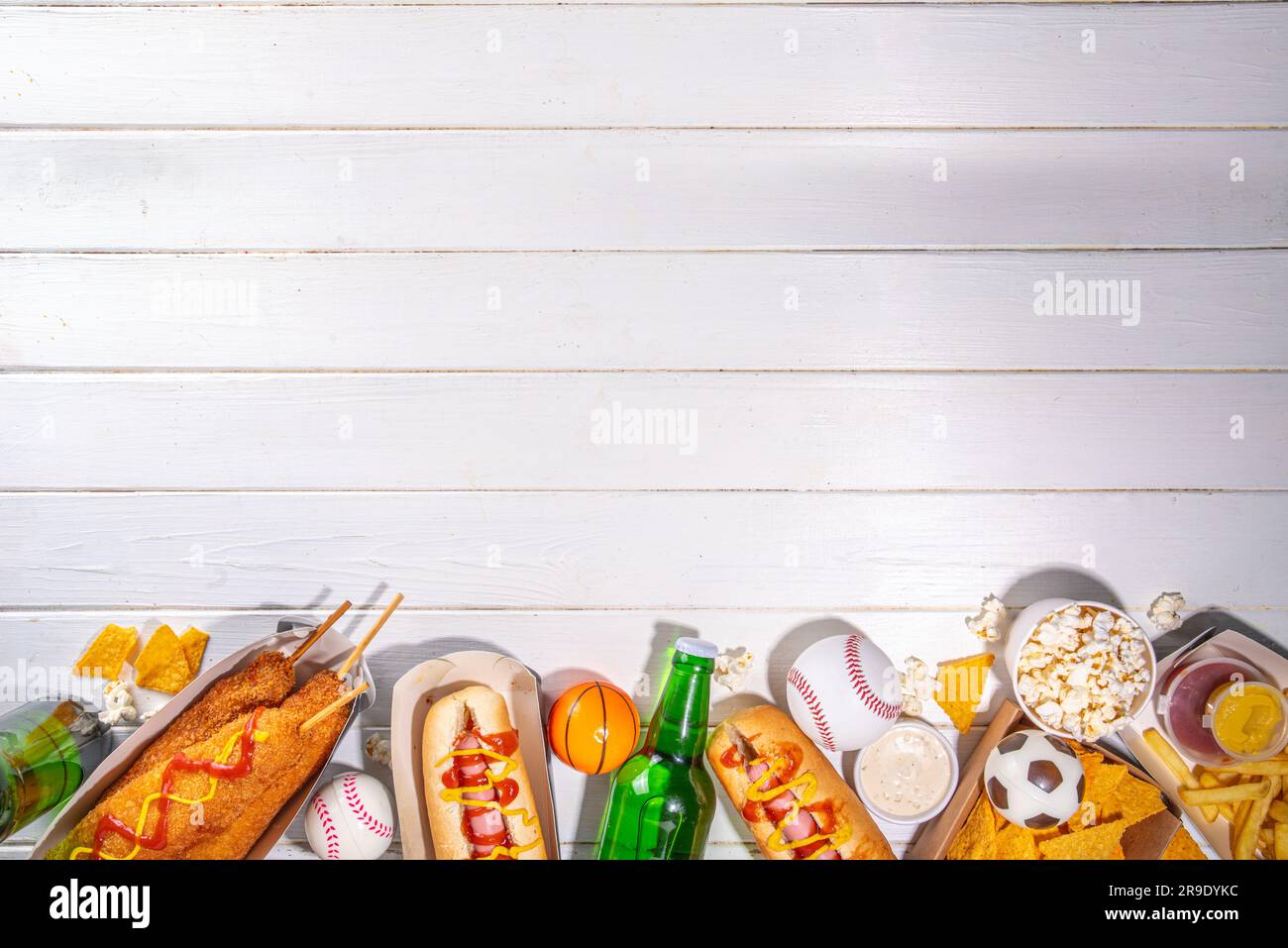 Traditional sport stadium foods and beer background, Set of various ...