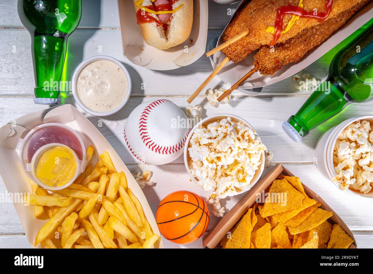 Traditional sport stadium foods and beer background, Set of various ...