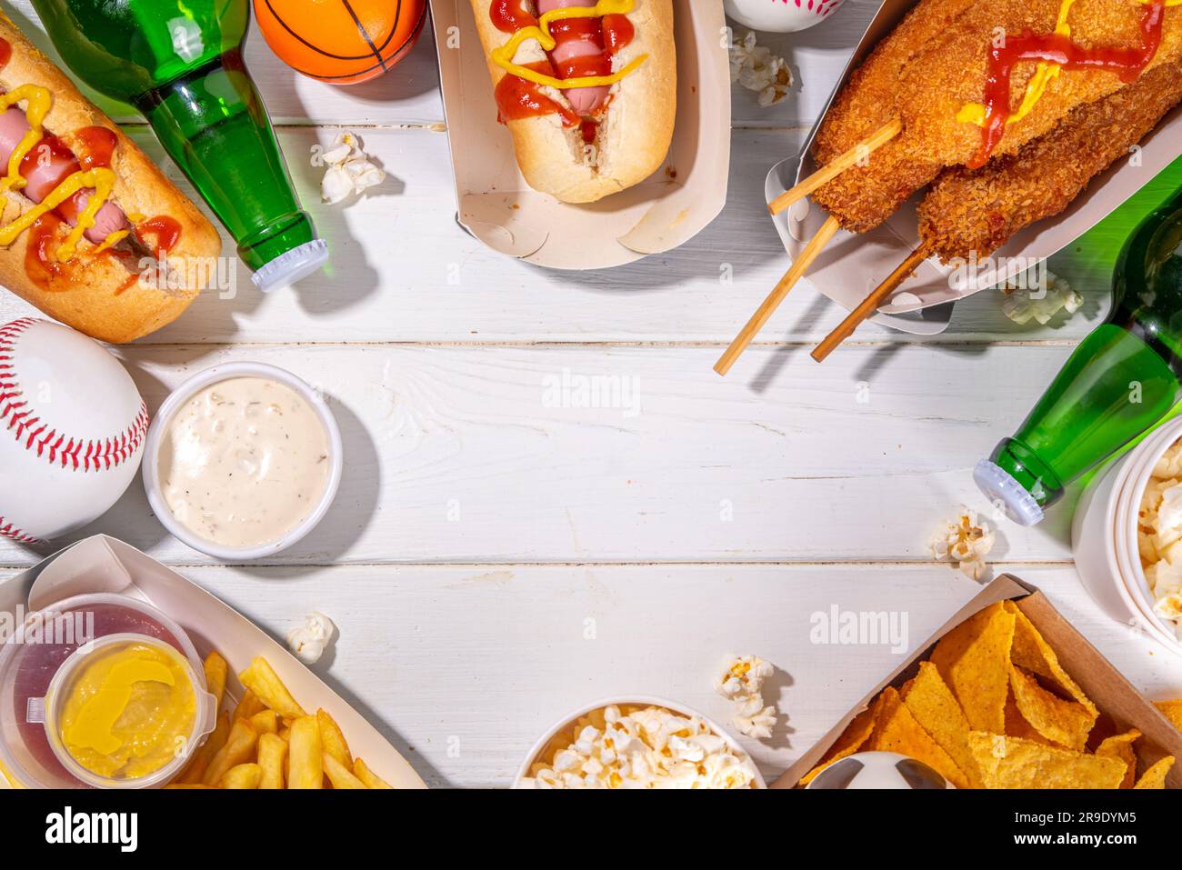 Traditional sport stadium foods and beer background, Set of various ...