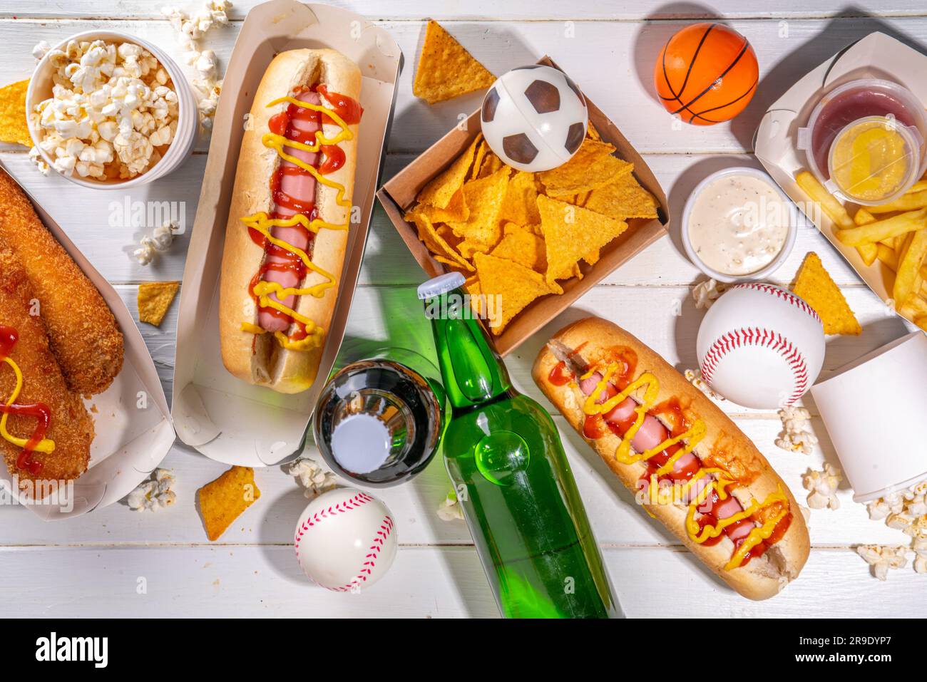 Traditional sport stadium foods and beer background, Set of various ...