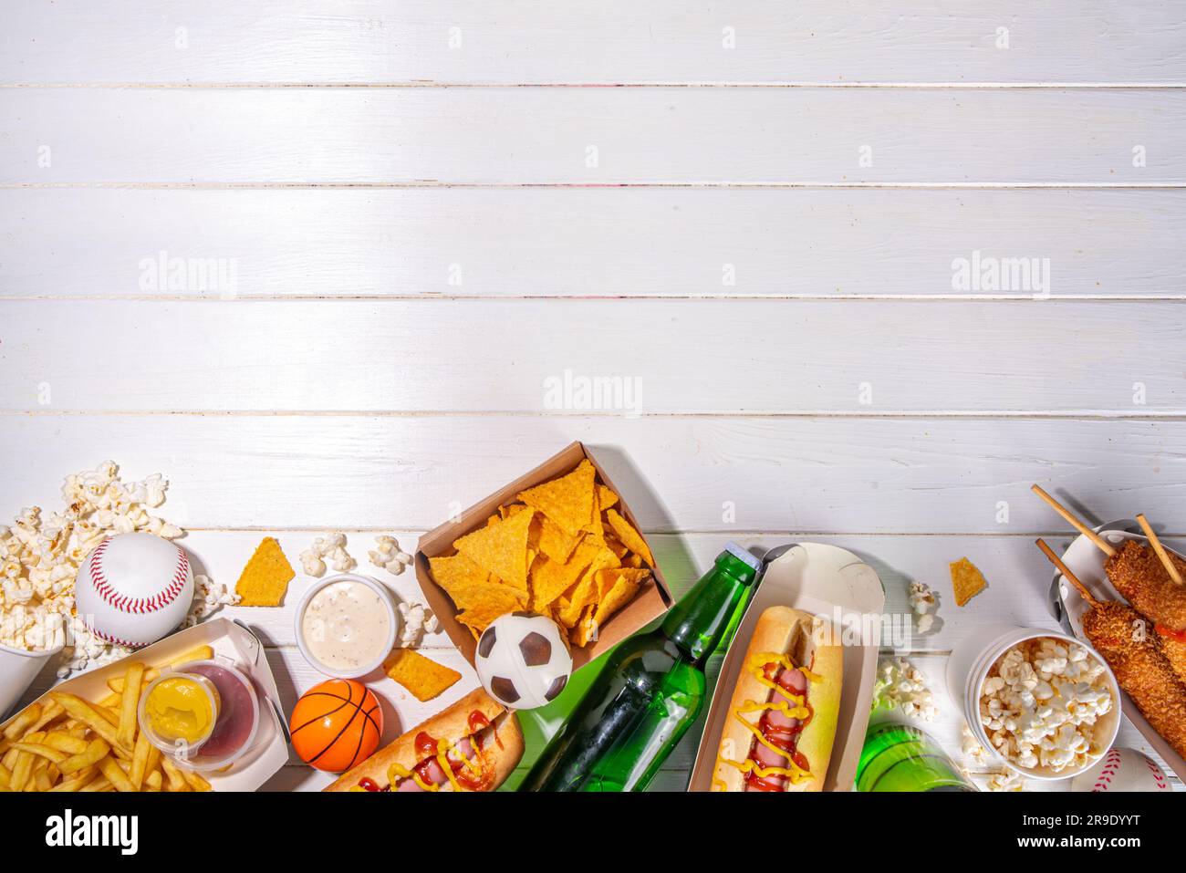 Traditional sport stadium foods and beer background, Set of various ...