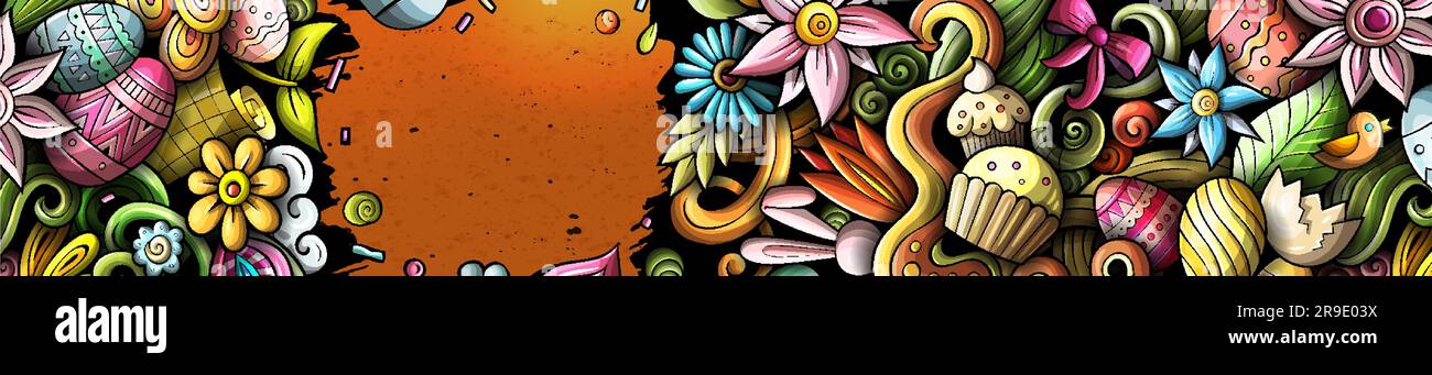 Cartoon cute colorful vector doodles Happy Easter horizontal banner ...