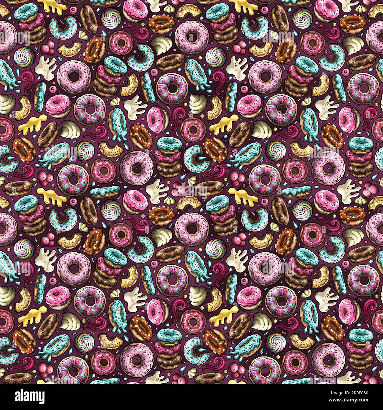 Cartoon cute doodles Donuts seamless pattern. Colorful detailed, with ...