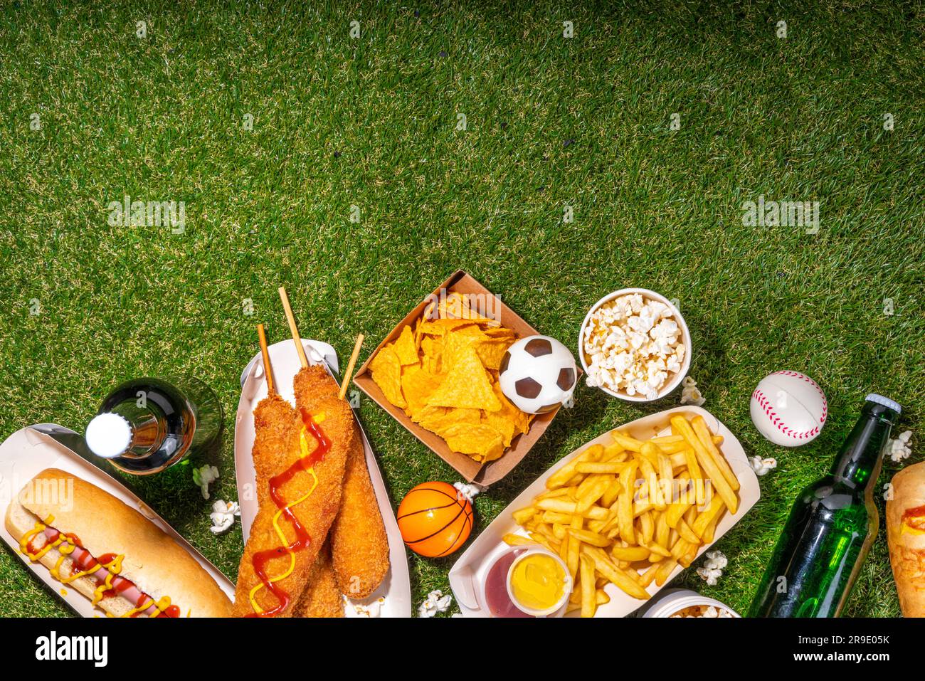Traditional sport stadium foods and beer background, Set of various ...