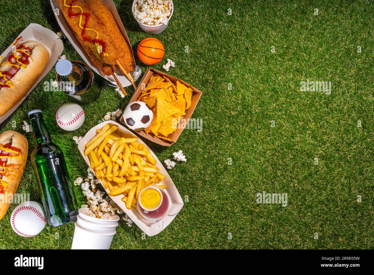 Traditional sport stadium foods and beer background, Set of various ...