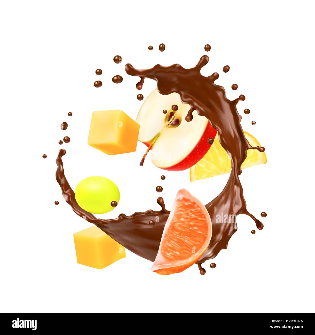Realistic Chocolate Milk Round Splash With Fruits Isolated 3d Vector Round Brown Swirl With