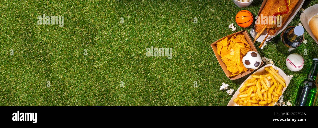 Traditional sport stadium foods and beer background, Set of various ...