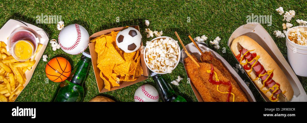 Traditional sport stadium foods and beer background, Set of various ...