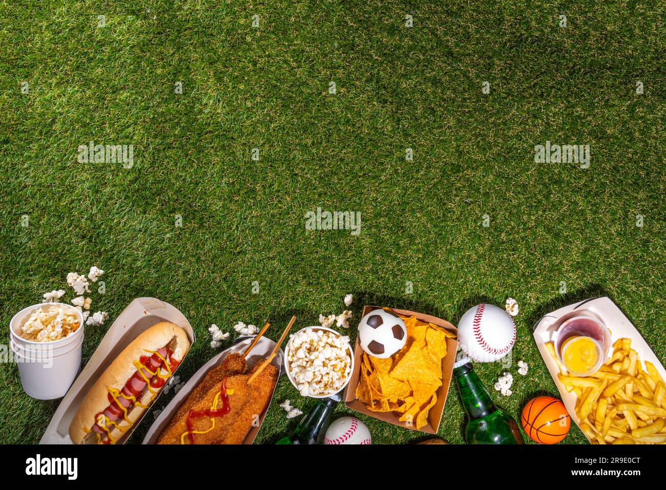 Traditional sport stadium foods and beer background, Set of various ...